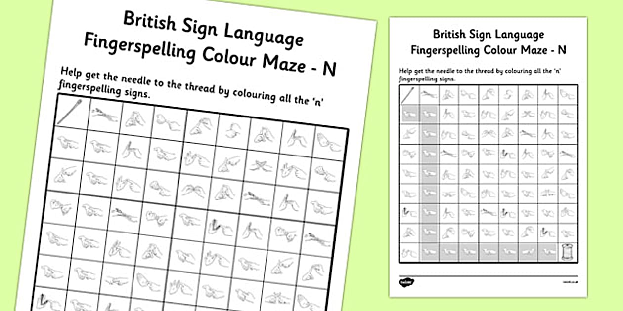 British Sign Language Left Handed Fingerspelling Color Maze N