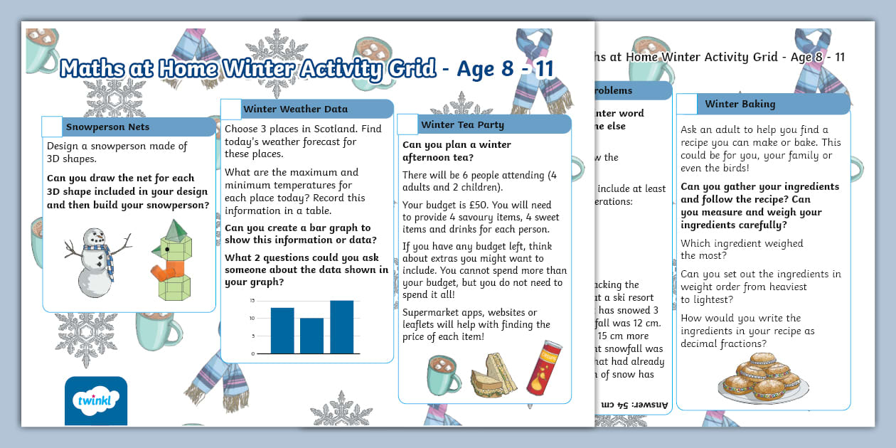 Maths at Home Winter Activity Grid - Age 8-11 - Twinkl