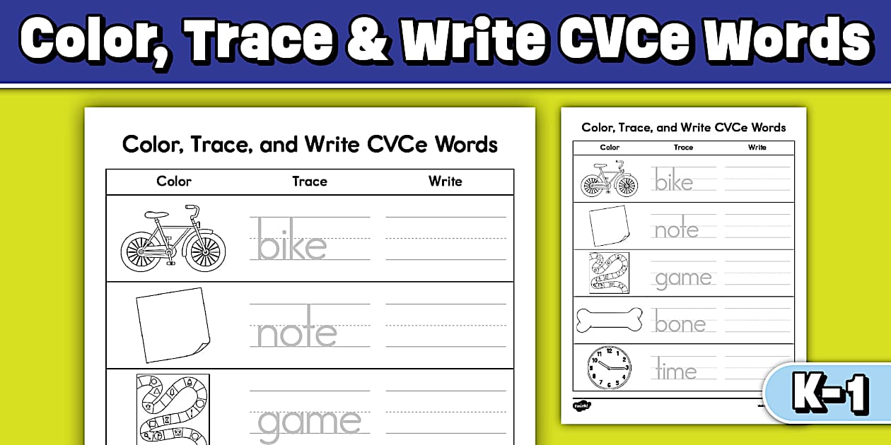 Color, Trace, Write CVCe Words Worksheet for K-1st Grade