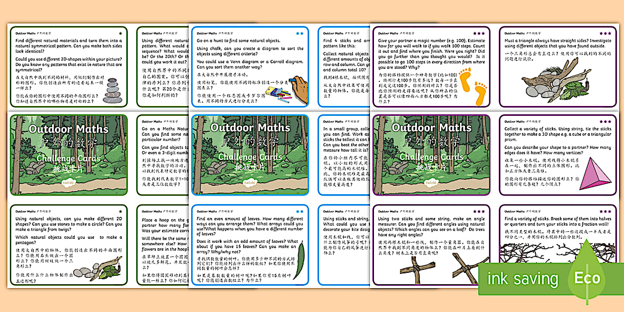 Outdoor Math Challenge Cards English/Mandarin Chinese