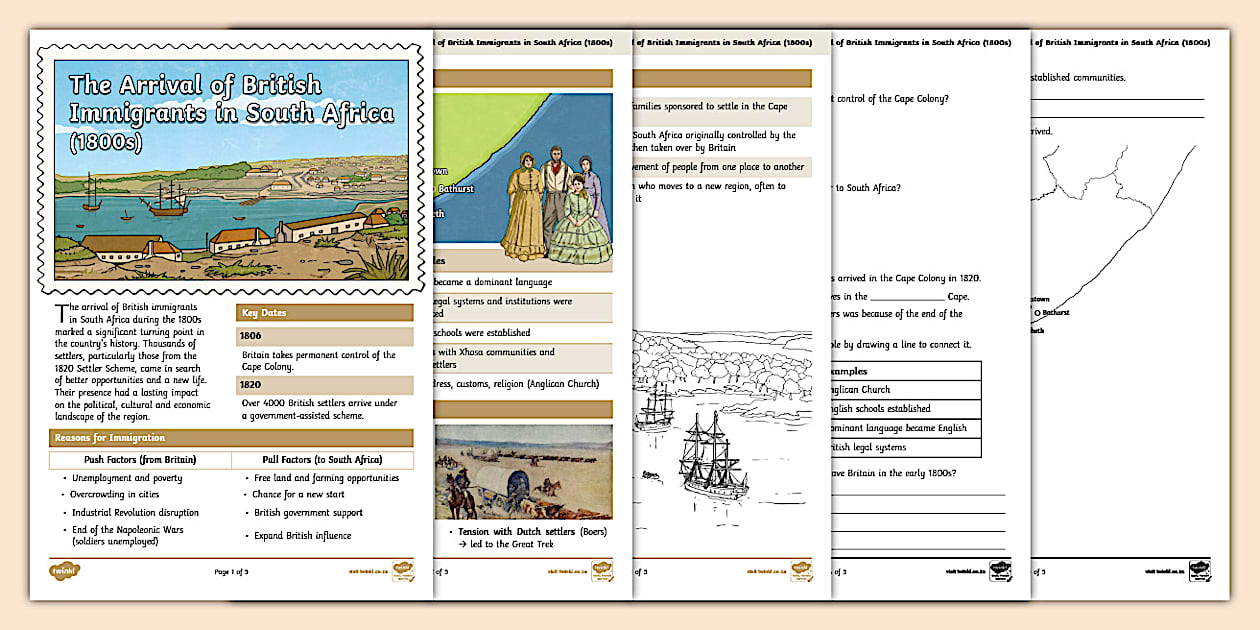 The Arrival of British Immigrants in South Africa: Worksheet