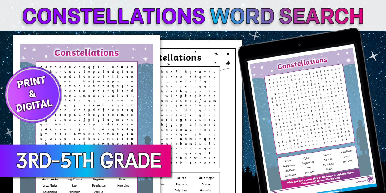 Constellations Word Search for 3rd-5th Grade - Twinkl