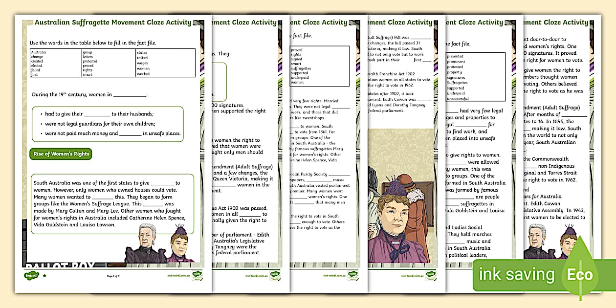 Australian Suffragette Movement Cloze Activity