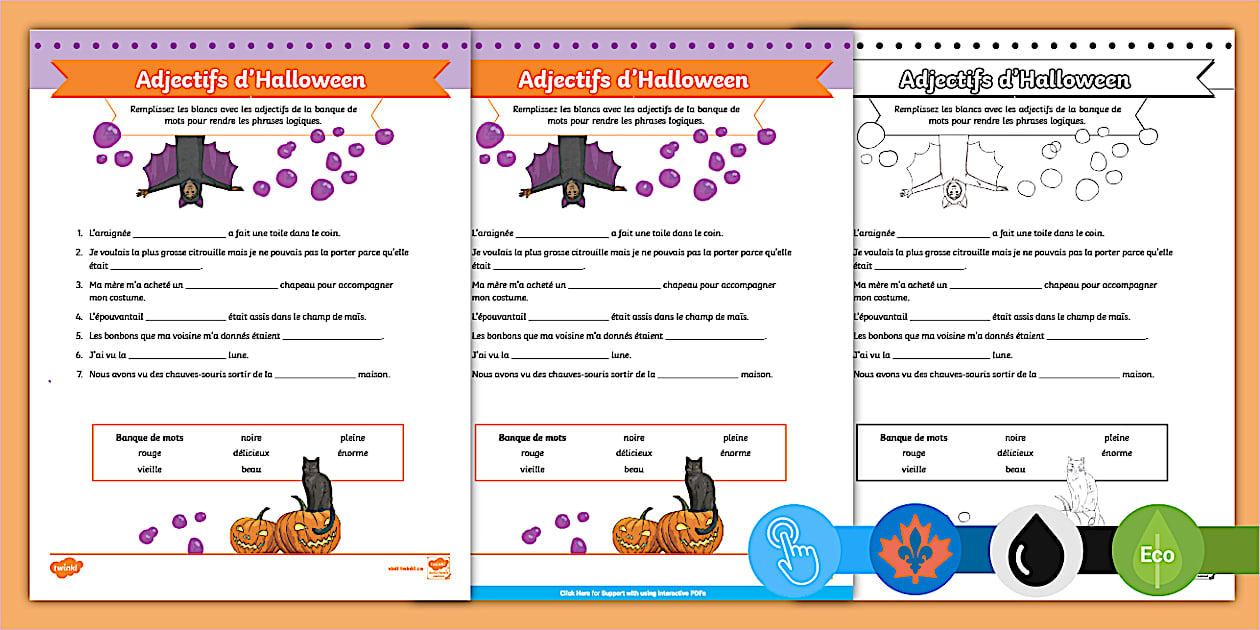 Halloween Adjectives Activity Complete the Sentences French