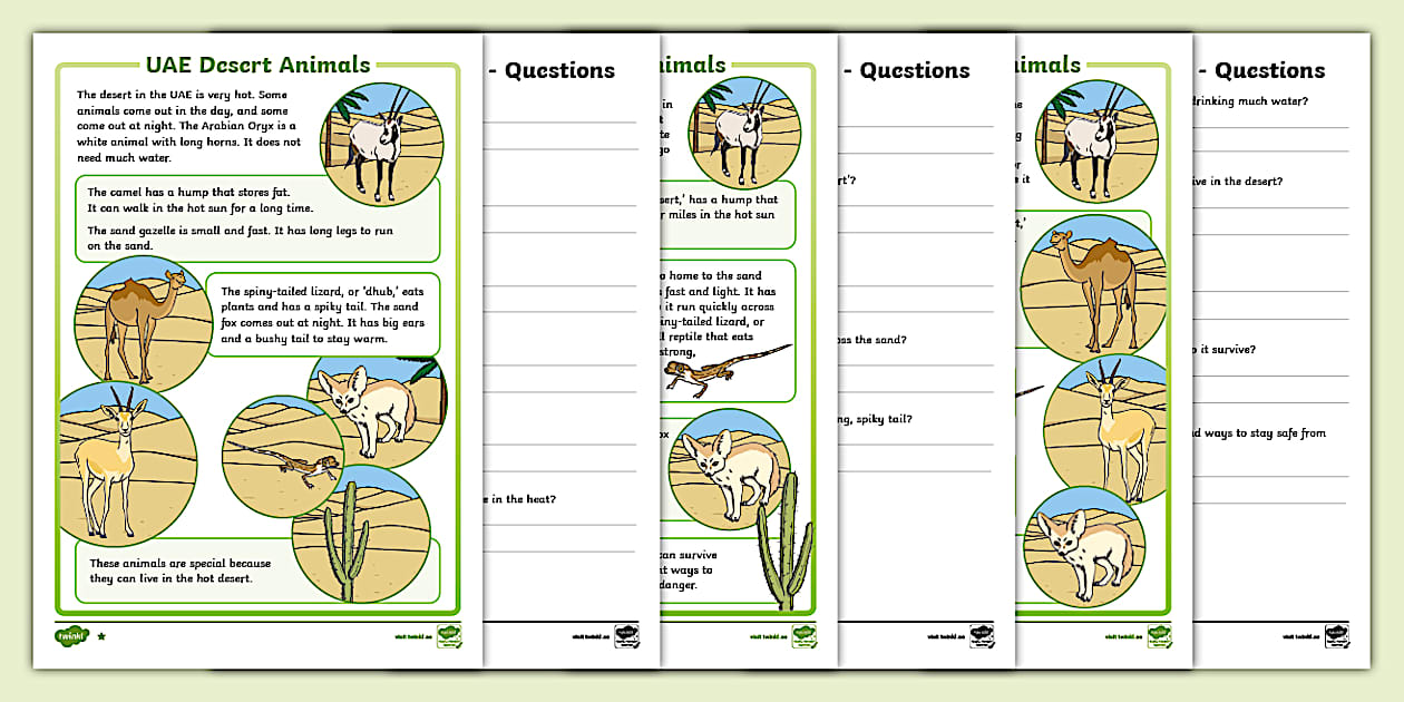 UAE Desert Animals KS1 Reading Comprehension - Twinkl
