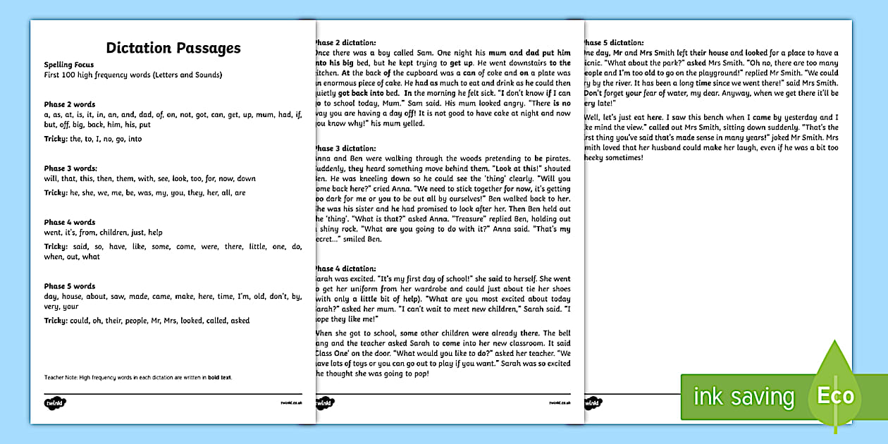 Editable KS1 Dictation Passages 100 High Frequency Words Guide