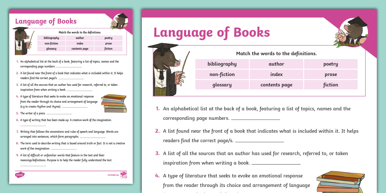 Language of Books Activity Sheets (teacher made) - Twinkl