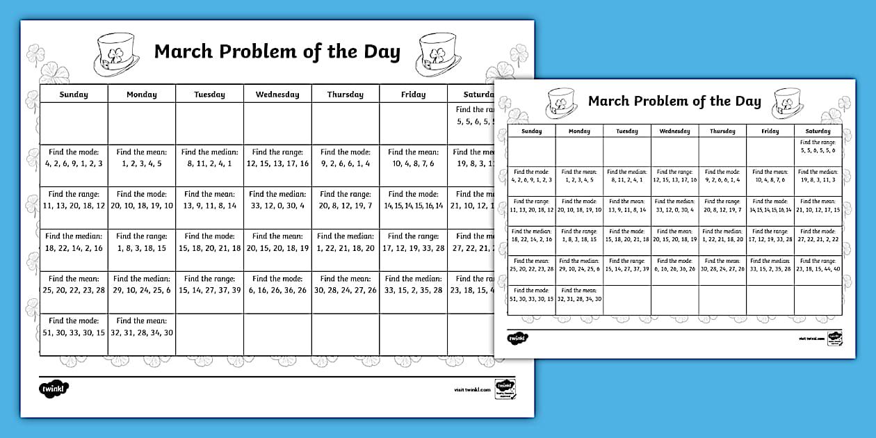 Sixth Grade 2025 Math Problem of the Day March Calendar