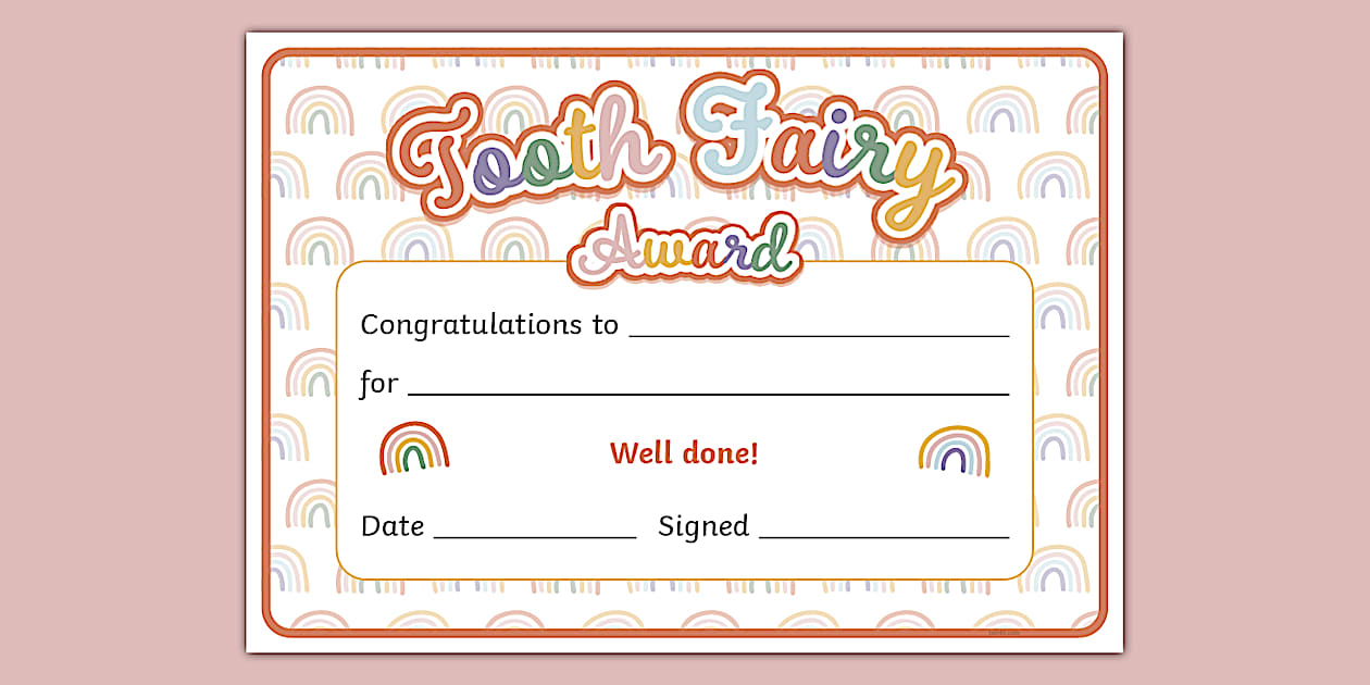 Muted Rainbow Themed Tooth Fairy Award Certificate - Twinkl