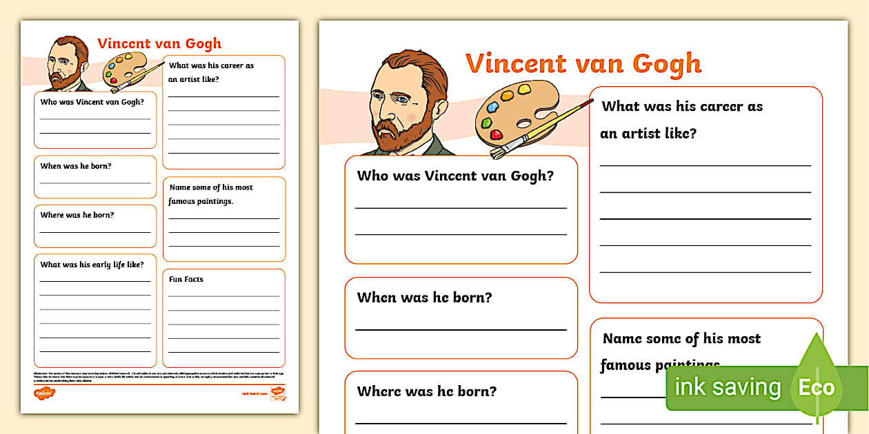 Vincent Van Gogh Fact File Template, All About Vincent Van Gogh