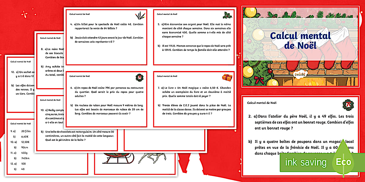 Cartes de défis : Le calcul mental de Noël