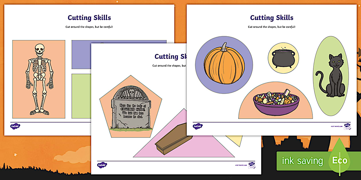 Black and White Halloween Cutting Skills Worksheet - Twinkl
