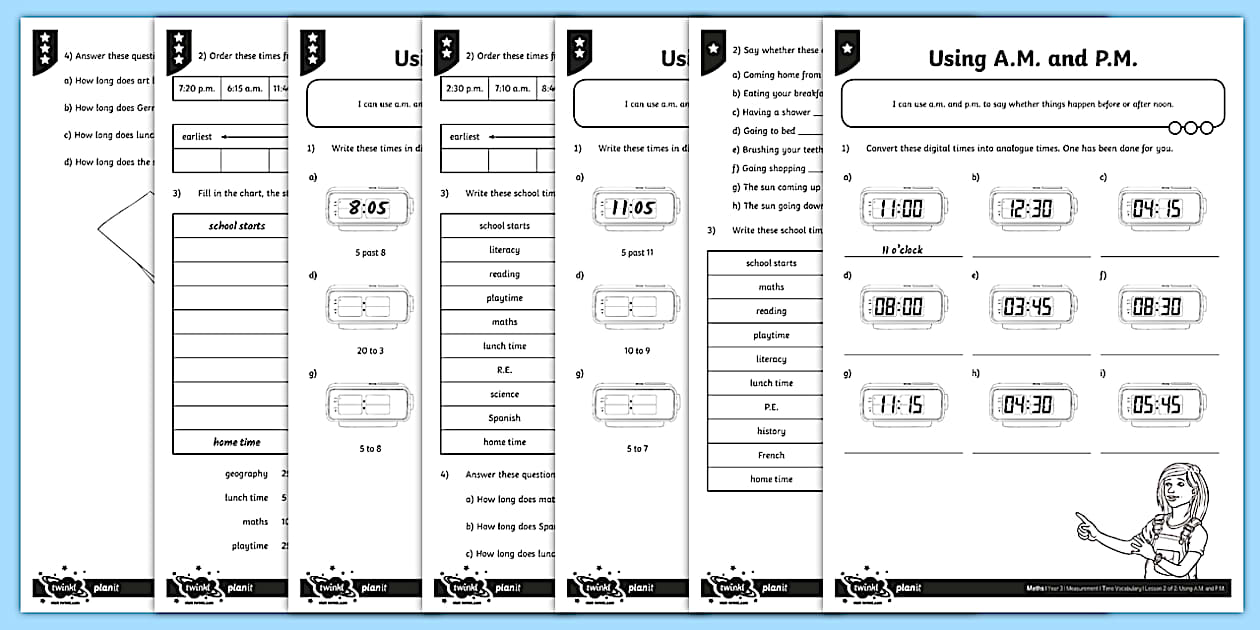 Using AM and PM Differentiated Worksheets (teacher made)