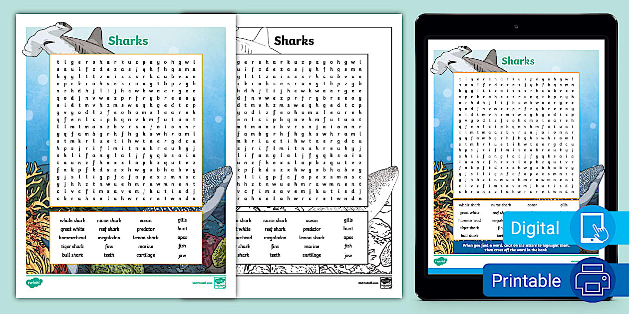 Sharks in the Sea Word Search for 6th-8th Grade | Twinkl USA