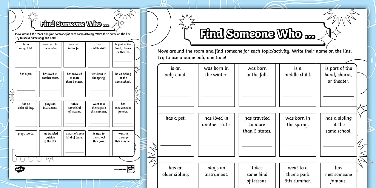 Seventh Grade Back to School Find Someone Who Worksheet