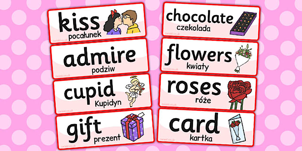 Valentines Day Topic Word Cards Polish Translation - polish