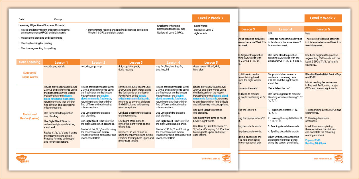 Level 2 Week 7 Lesson Plan (teacher made) - Twinkl