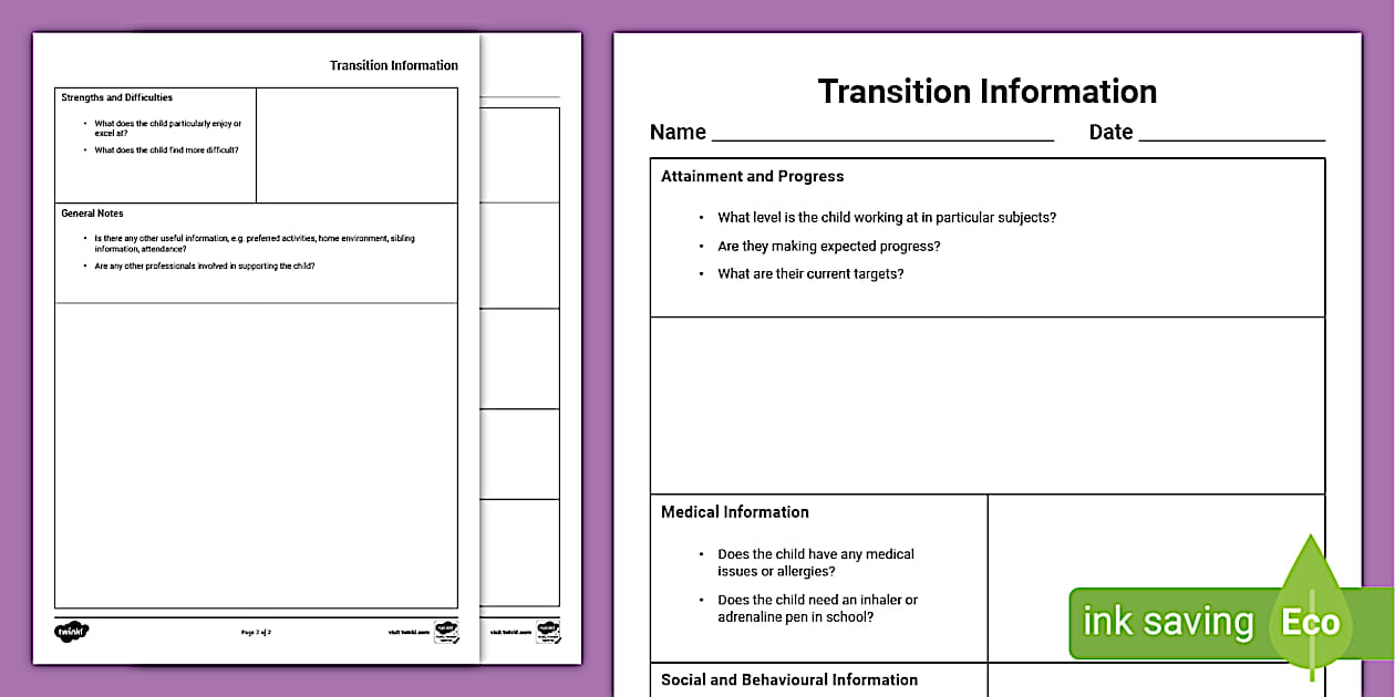 Individual Child Transition Sheet - Adult Guidance - Twinkl