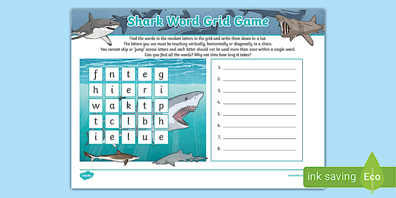 Sharks Word Grid Game (Teacher-Made) - Twinkl