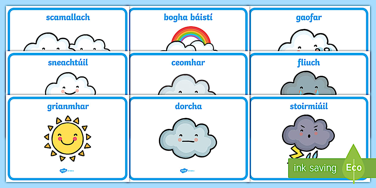 Editable Weather Words Display Posters Gaeilge - Twinkl