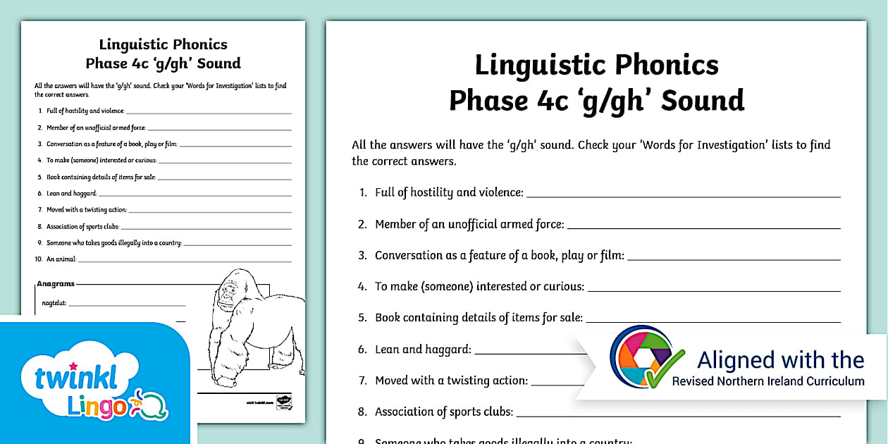 NI Linguistic Phonics Phase 4c ‘g/gh’ Sound Word Worksheet