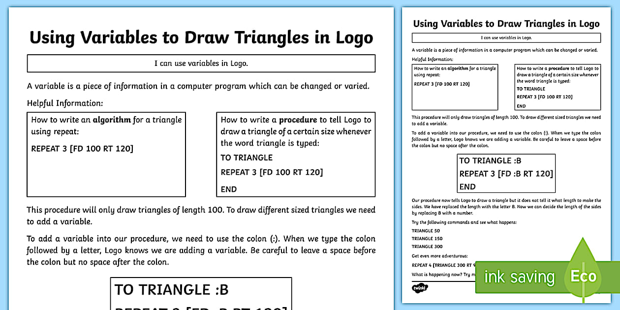 Using Variables to Draw Triangles in Logo Worksheet / Worksheet