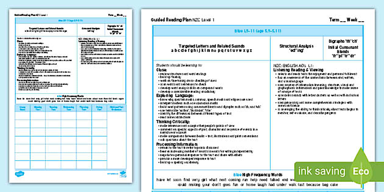 New Zealand Blue Guided Reading Weekly Plan