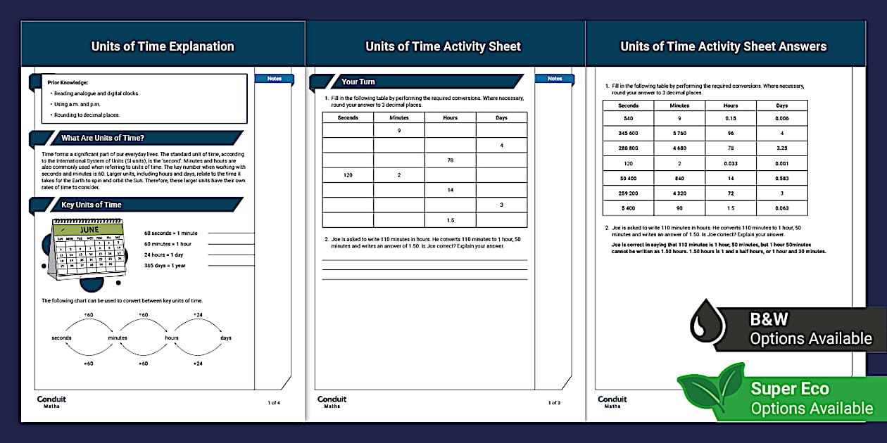 Units of Time Explanation and Activity Sheet (Teacher-Made)