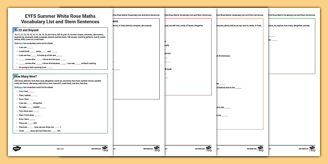 👉 EYFS Summer White Rose Maths Vocabulary and Stem Sentences