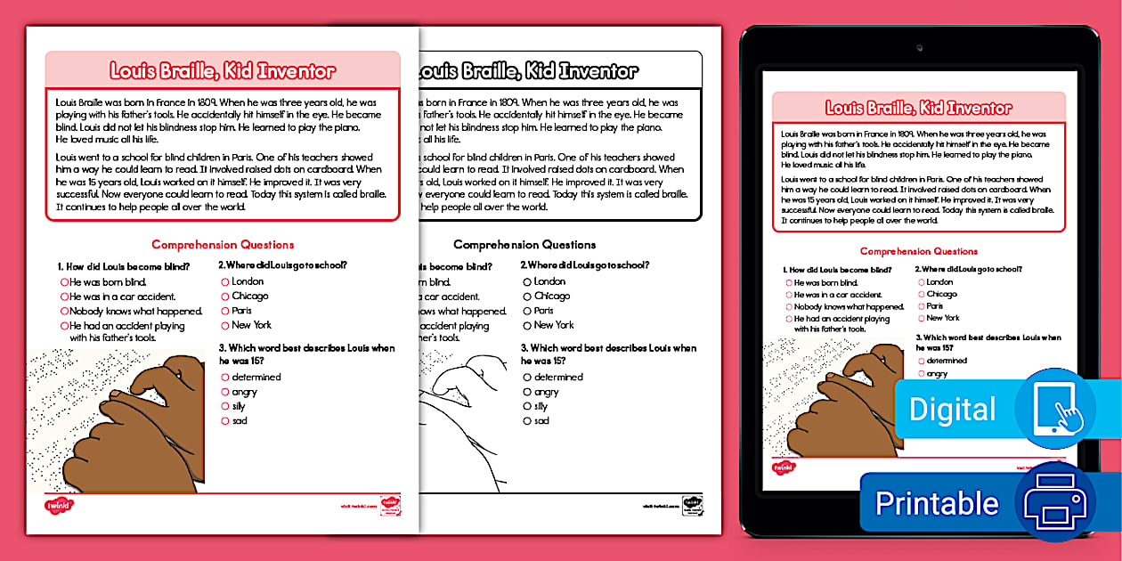Second Grade Louis Braille: Kid Inventor Reading Passage Comprehension