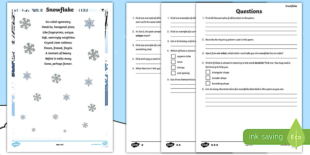 Middle Ability KS2 Snowflake Comprehension Differentiated Worksheet