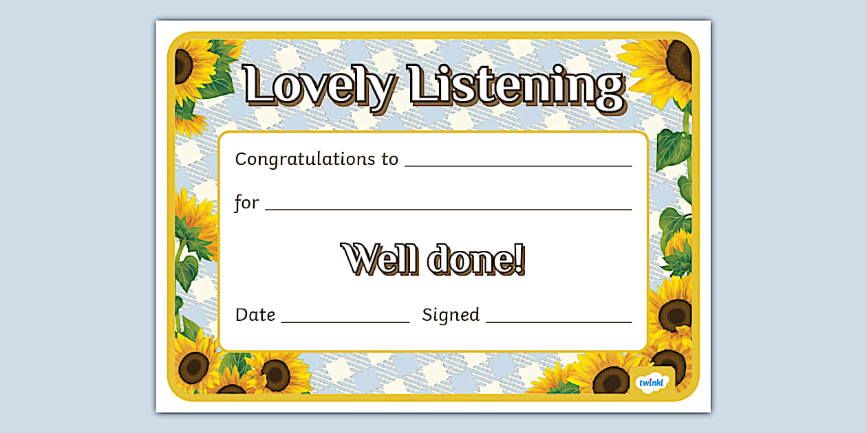 Sunflower-Themed Lovely Listening Certificate (teacher made)