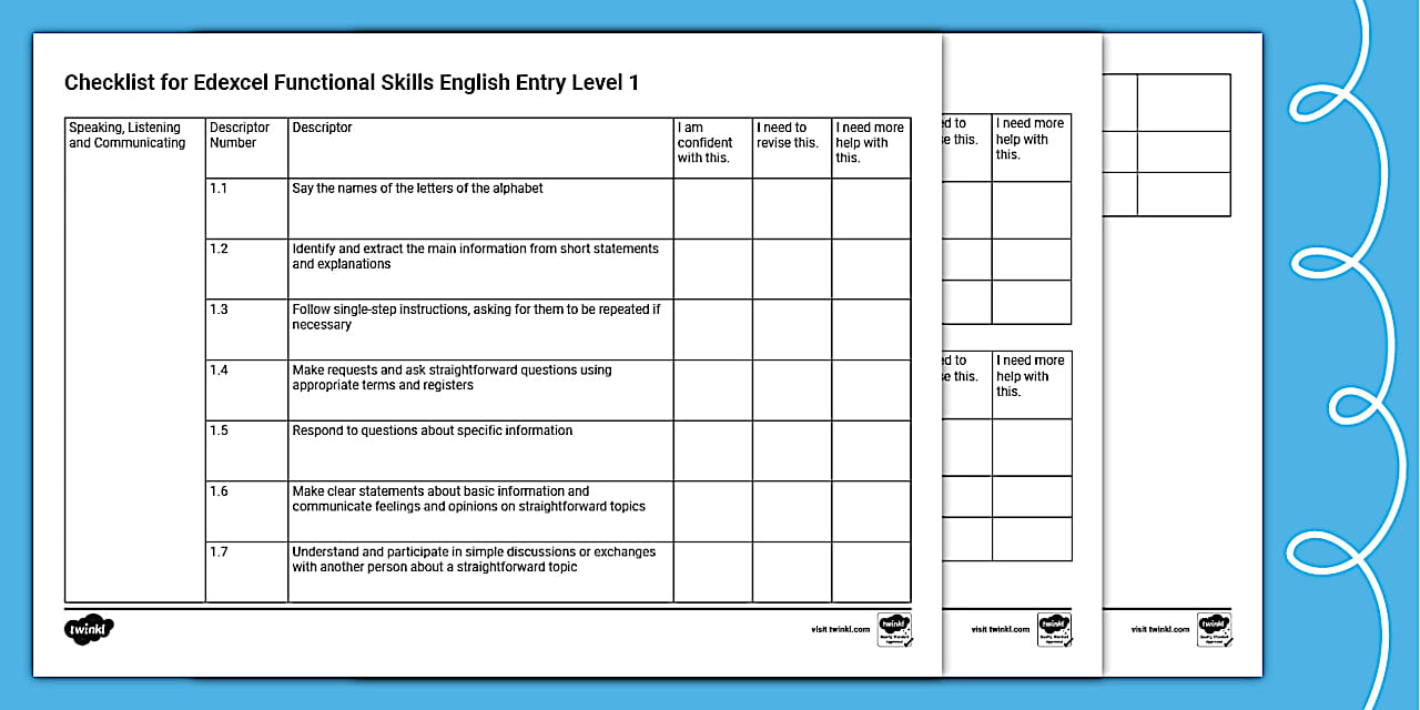 English Functional Skills Entry Level 1 Checklist - Twinkl