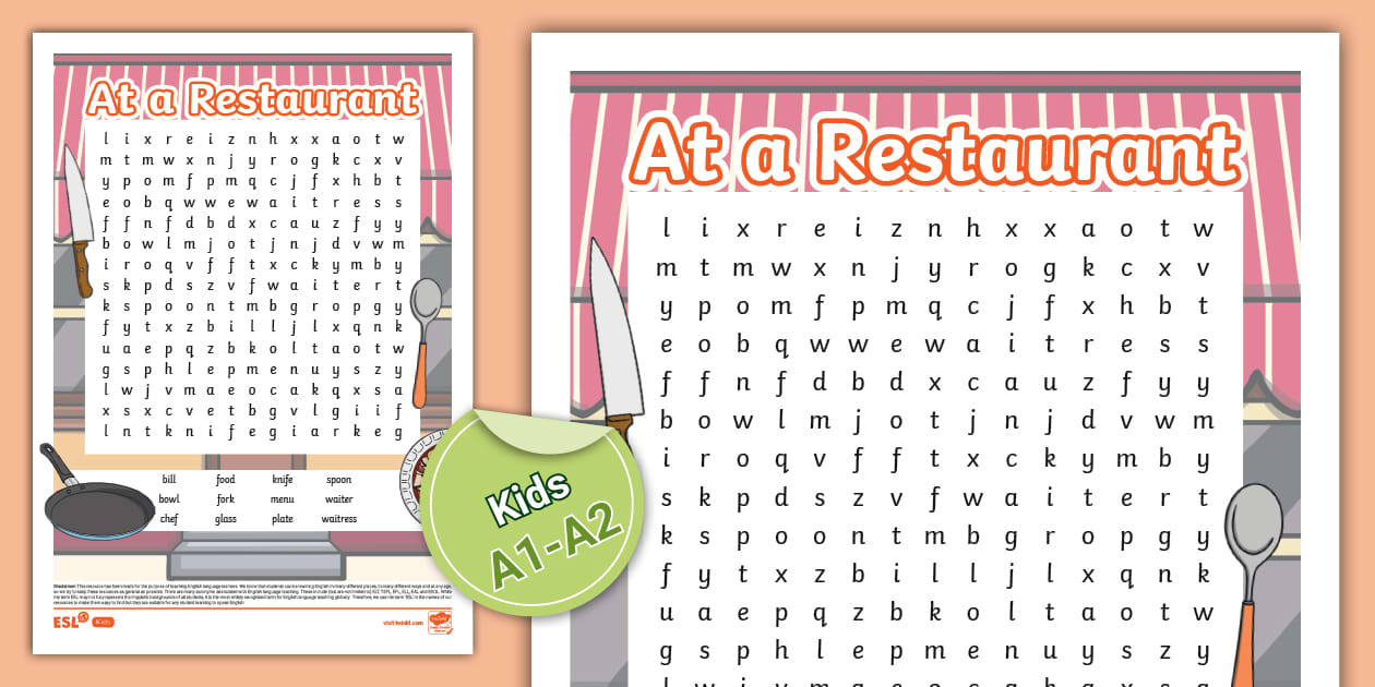 ESL At a Restaurant Word Search on Twinkl (teacher made)