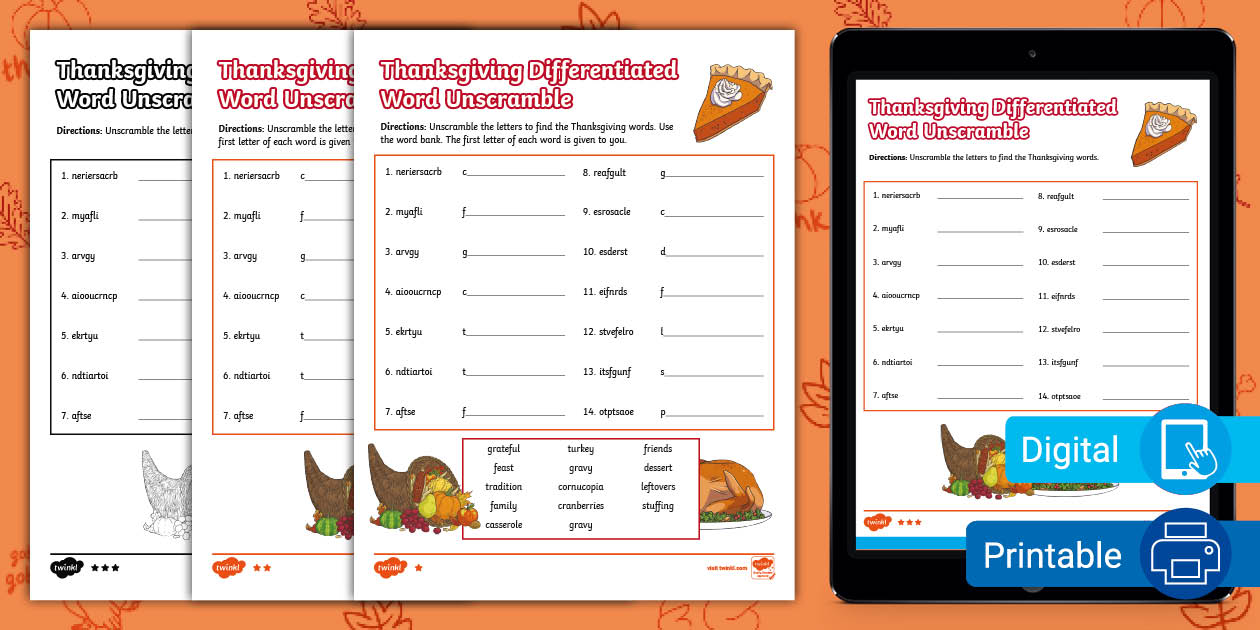 Thanksgiving Differentiated Word Unscramble for 6th-8th