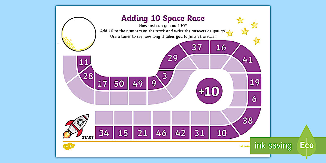 Adding 10 Race Worksheet Game (teacher made) - Twinkl