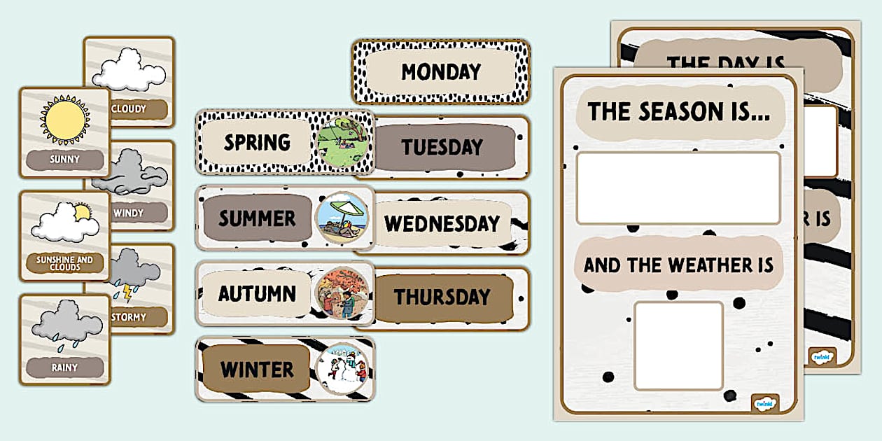 Day Season and Weather Calendar Neutral Tones Themed - Primary Resources