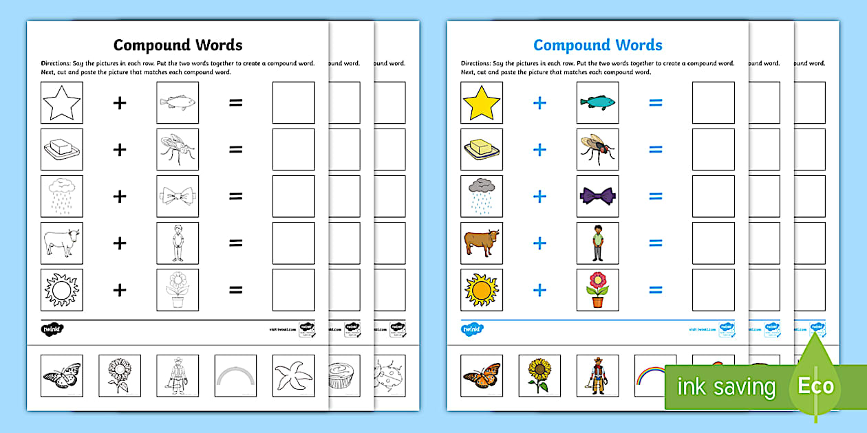 First Grade Compound Words Cut and Paste Worksheets - Twinkl