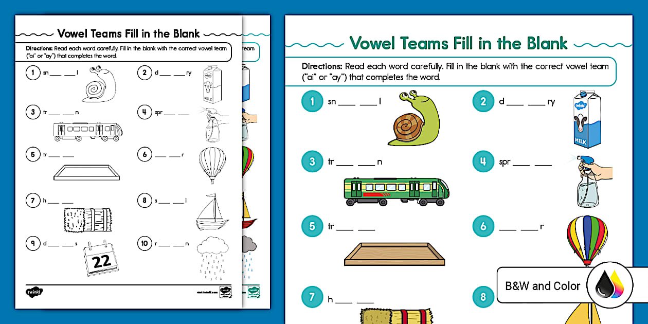 Vowel Teams ai and ay Worksheet for 1st-2nd Grade - Twinkl