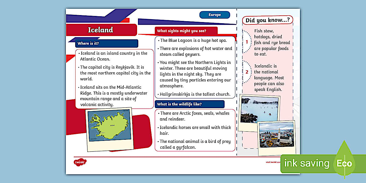 KS1 Iceland Fact File - Geography - Europe - Scandinavia
