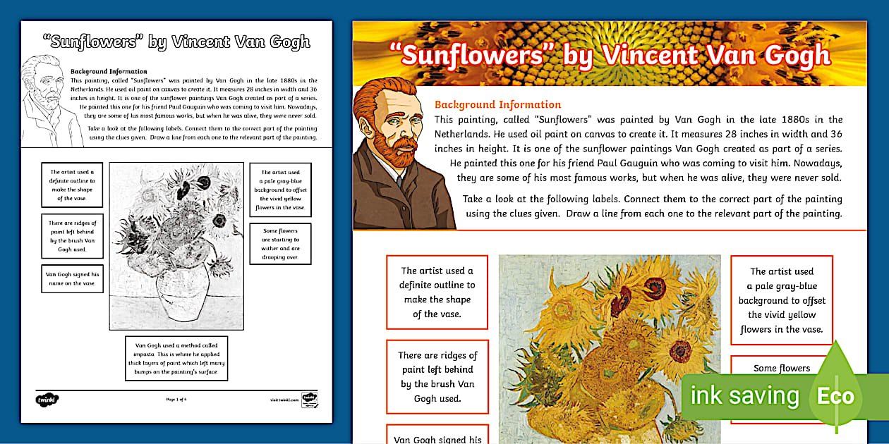 Sunflowers by Vincent Van Gogh Art Appreciation Worksheet