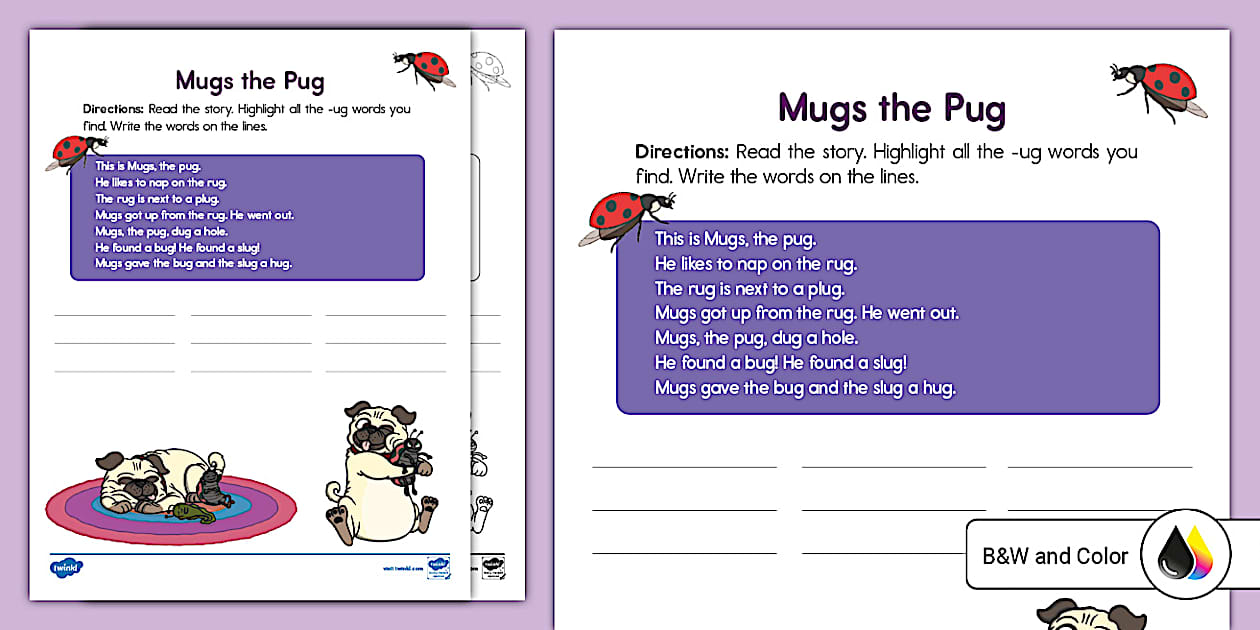 Mugs the Pug Read, Highlight, and Write -ug Word Family Activity Worksheet