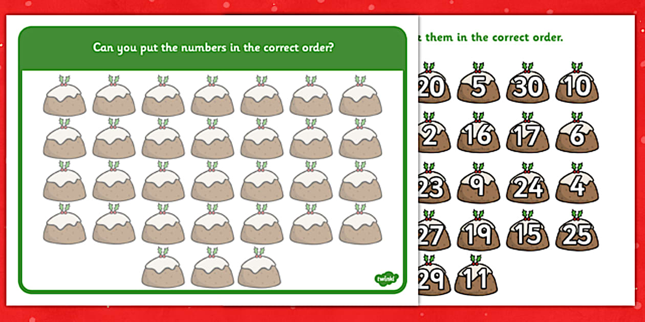 1-30 Christmas Number Ordering Christmas Puddings - Twinkl