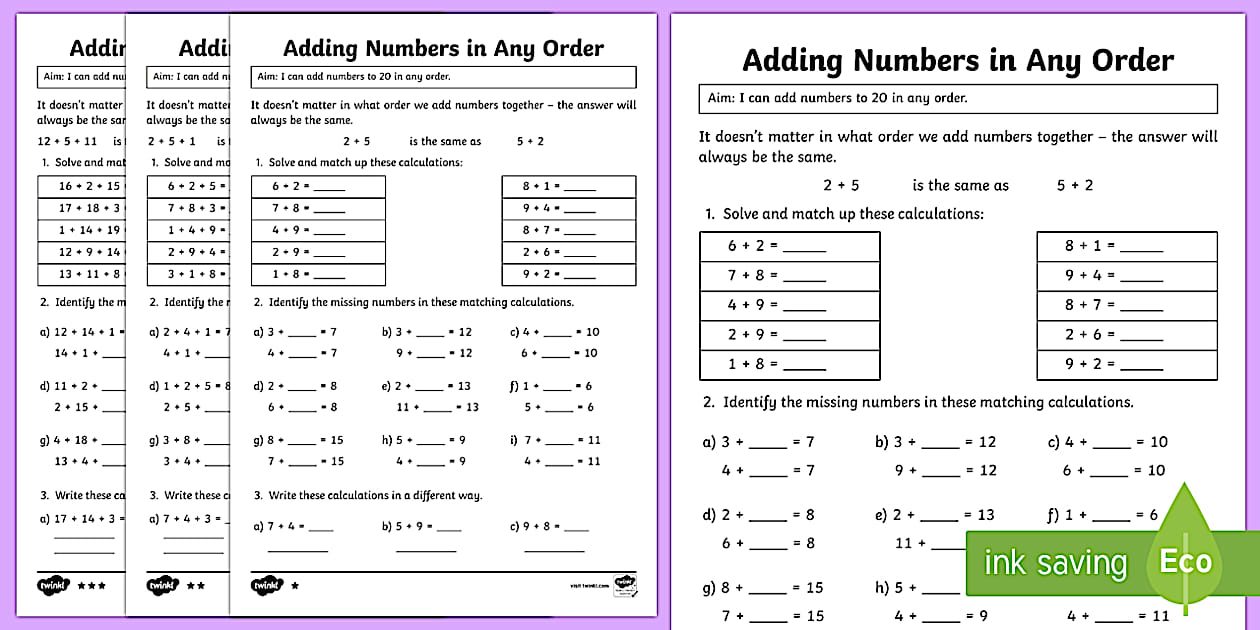 Y2 Adding Numbers in Any Order Differentiated Worksheets