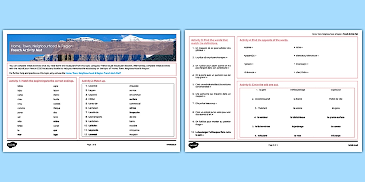 Home, Town, Neighbourhood and Region French Activity Mat