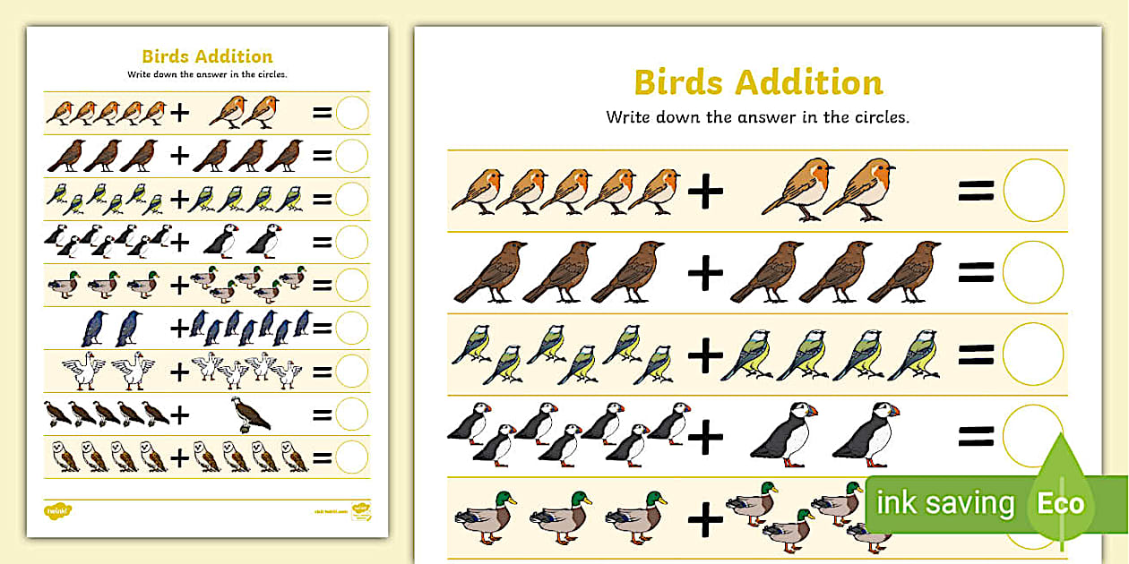 👉 Birds Addition Worksheet (teacher made) - Twinkl