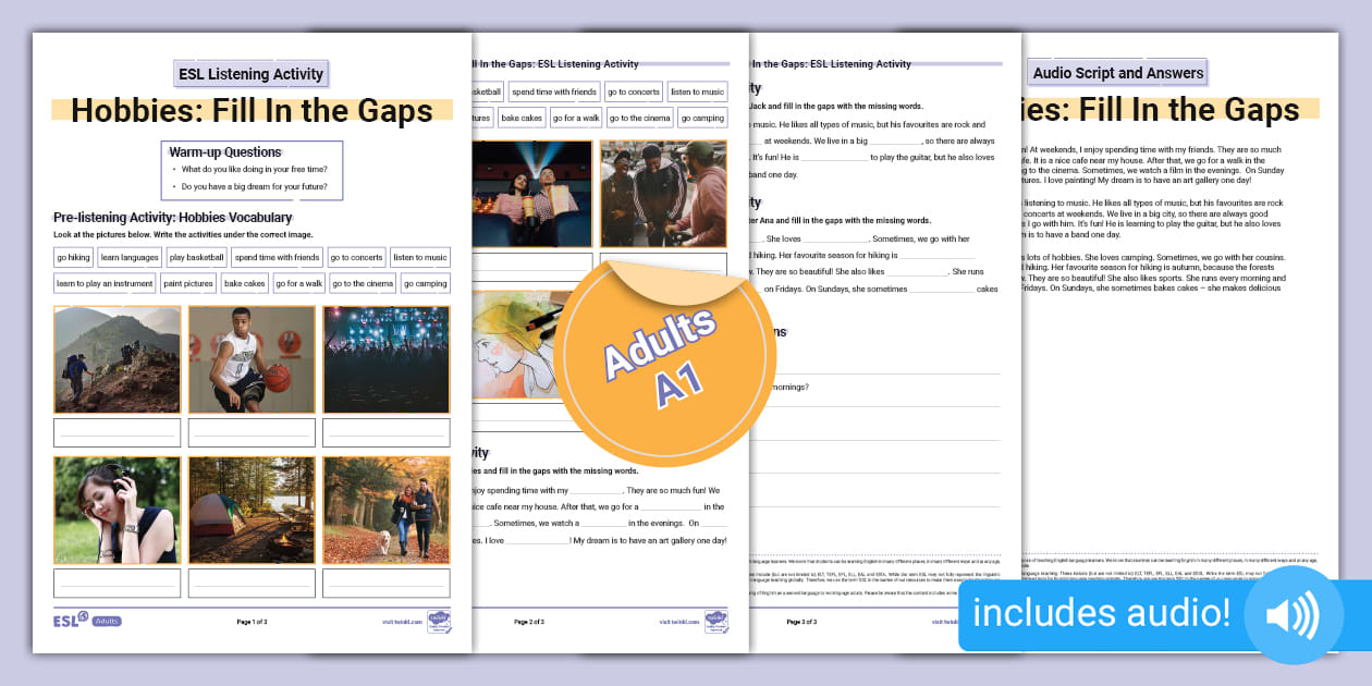 ESL Hobbies Listening: Fill in the Gaps [Adults, A1]