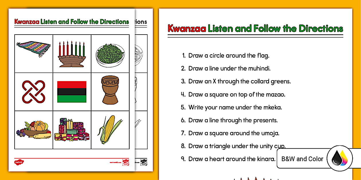 Kwanzaa Listen and Follow the Directions Activity Worksheet