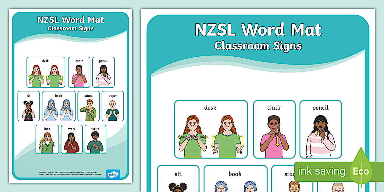 NZSL Classroom Signs Word Mat (teacher made) - Twinkl