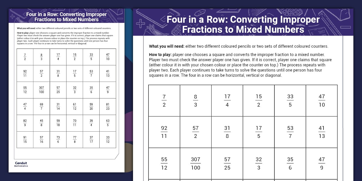 Four in a Row Converting Mixed Numbers to Improper Fractions